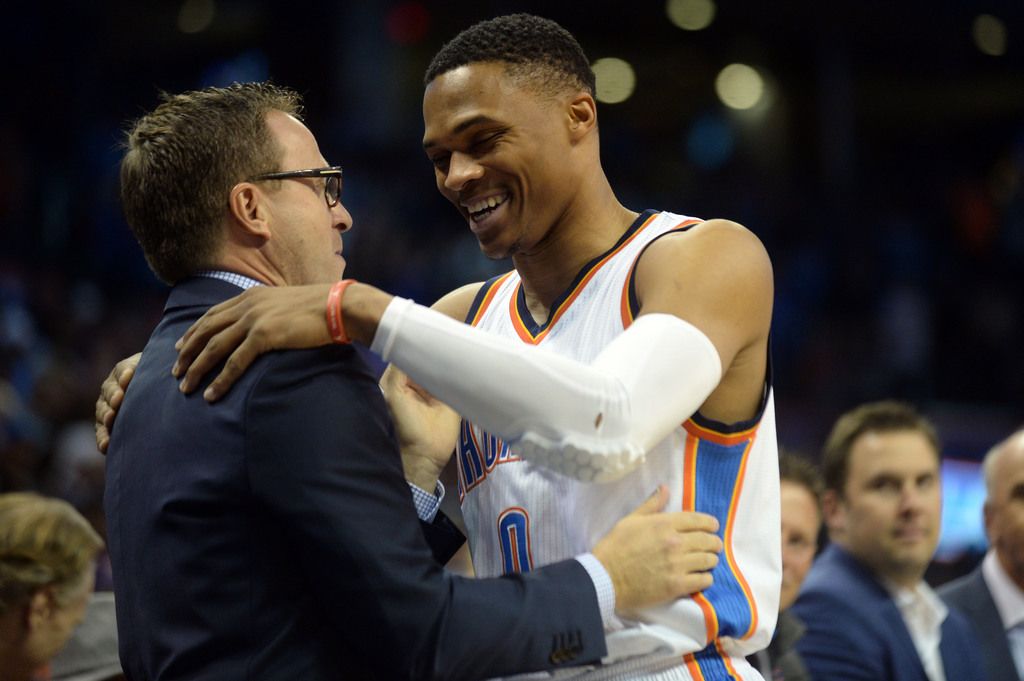 Former Thunder guard Russell Westbrook, coach Scott…