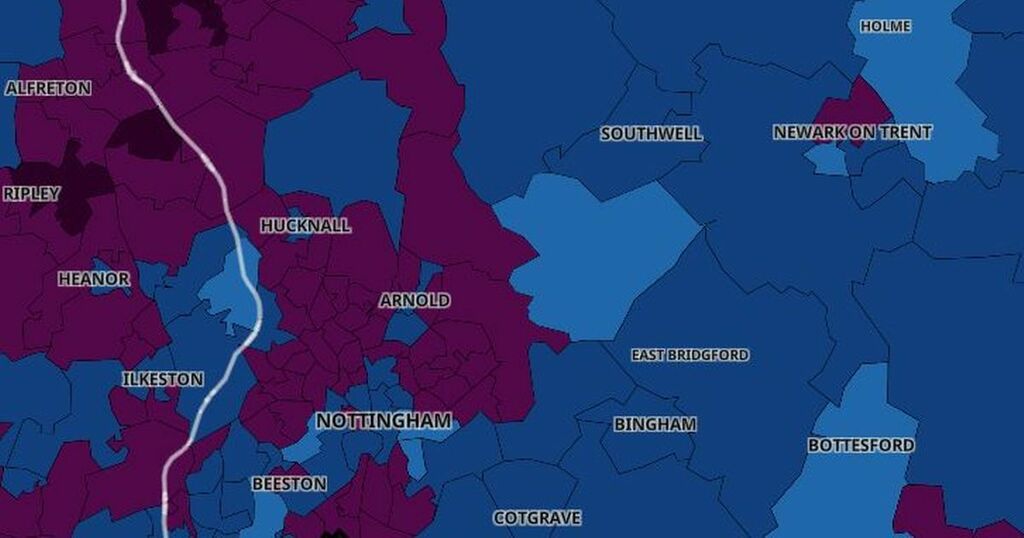 Map shows the 4 Nottinghamshire postcodes with Covid…