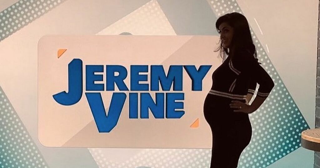 Storm Huntley shows off growing baby bump on set of…