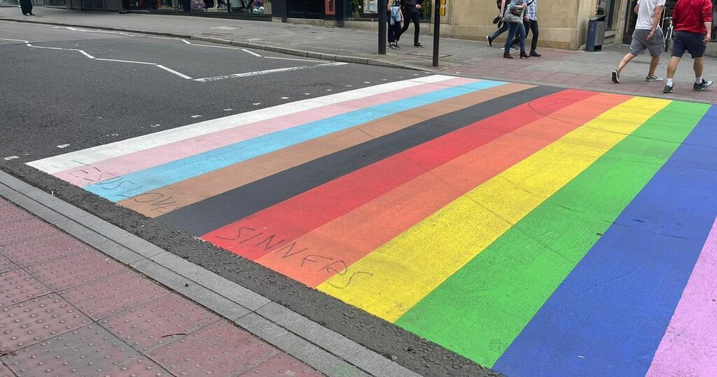Bristol Pride flag crossing defaced with graffiti…
