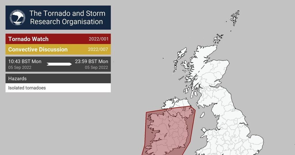 'Tornado Watch' issued for Ireland with Met Eireann…