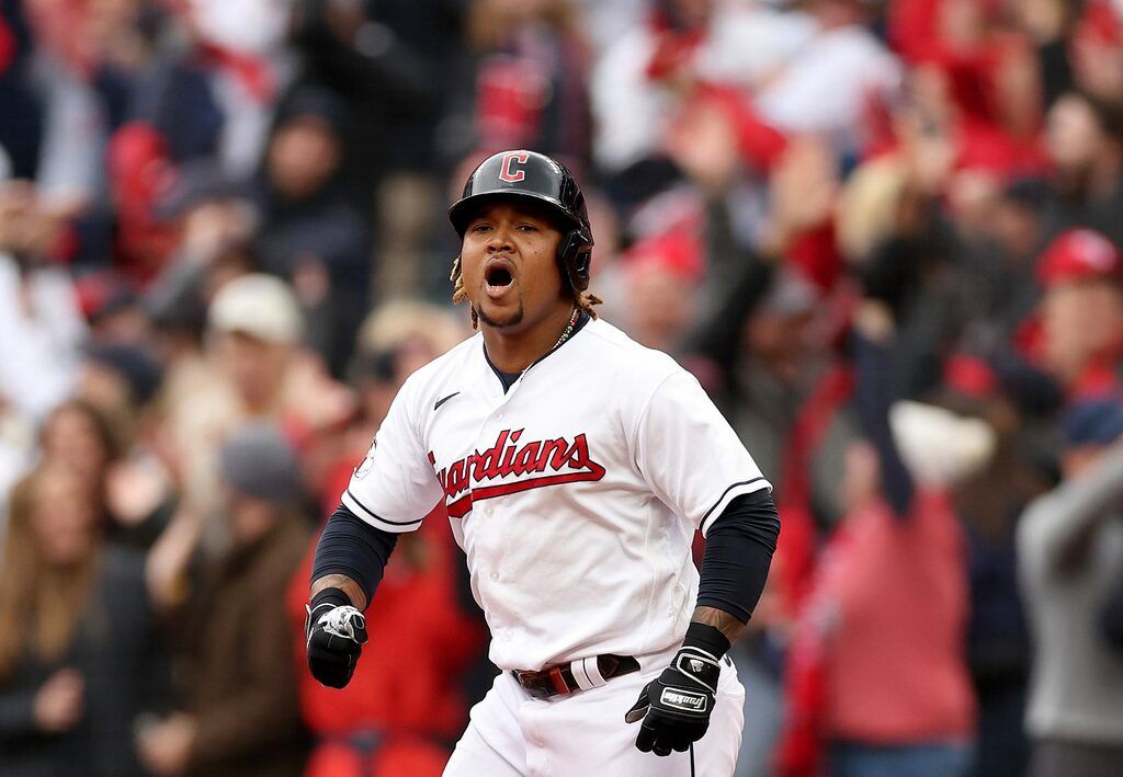 Jose Ramirez wore a chain with a photo of himself in a…