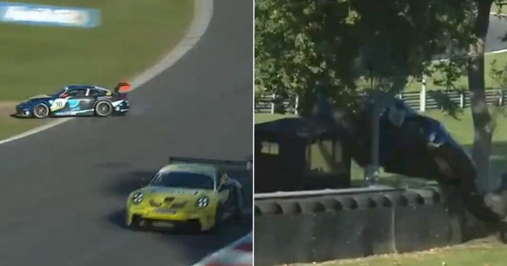 Race car gets stuck in tree in frightening crash which…