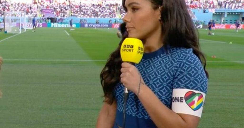 BBC pundit Alex Scott wears One Love arm band as she…