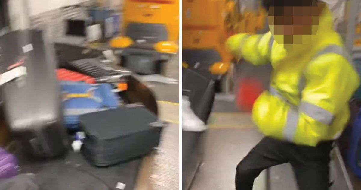 Baggage handlers filmed laughing while hurling…
