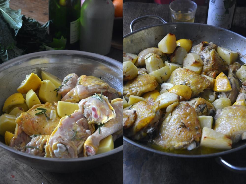 Rachel Roddy’s recipe for baked chicken and potatoes…