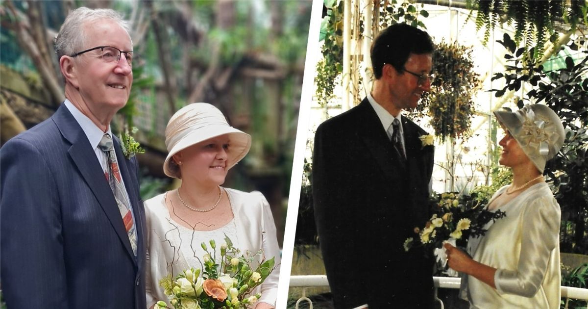 Couple recreate wedding day photo at same unusual…