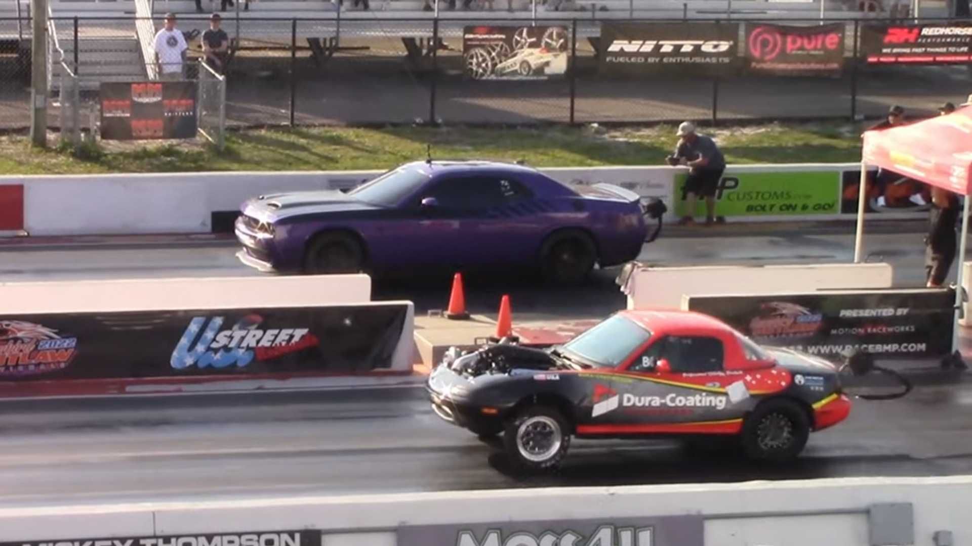 Watch Modded Mazda Miata Valiantly Battle Muscle Cars…
