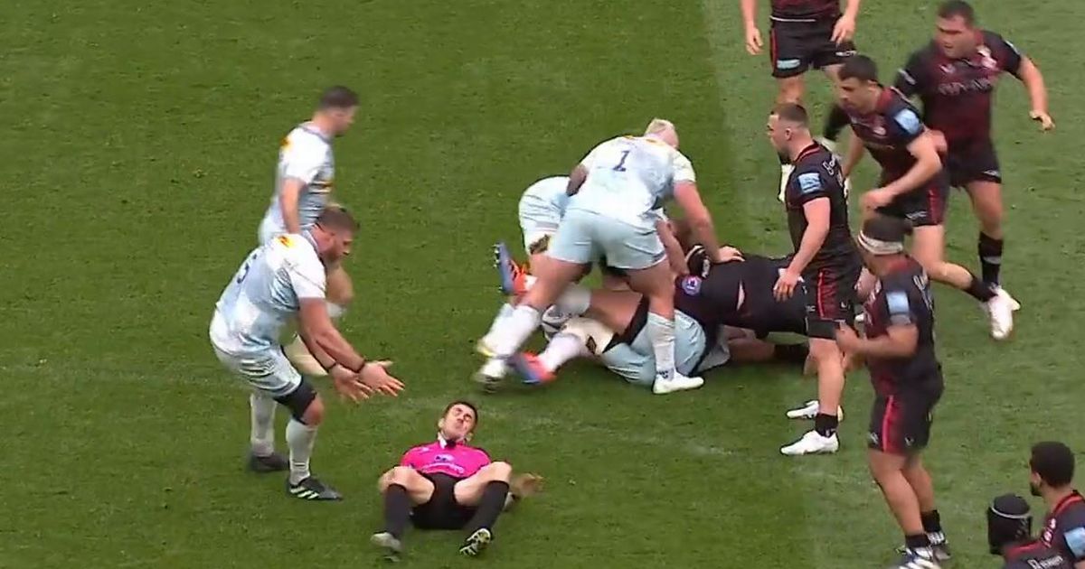 Referee Luke Pearce wiped out by giant lock amid gasps…