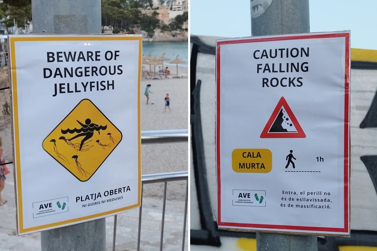 Fake signs warning of falling rocks and jellyfish put…