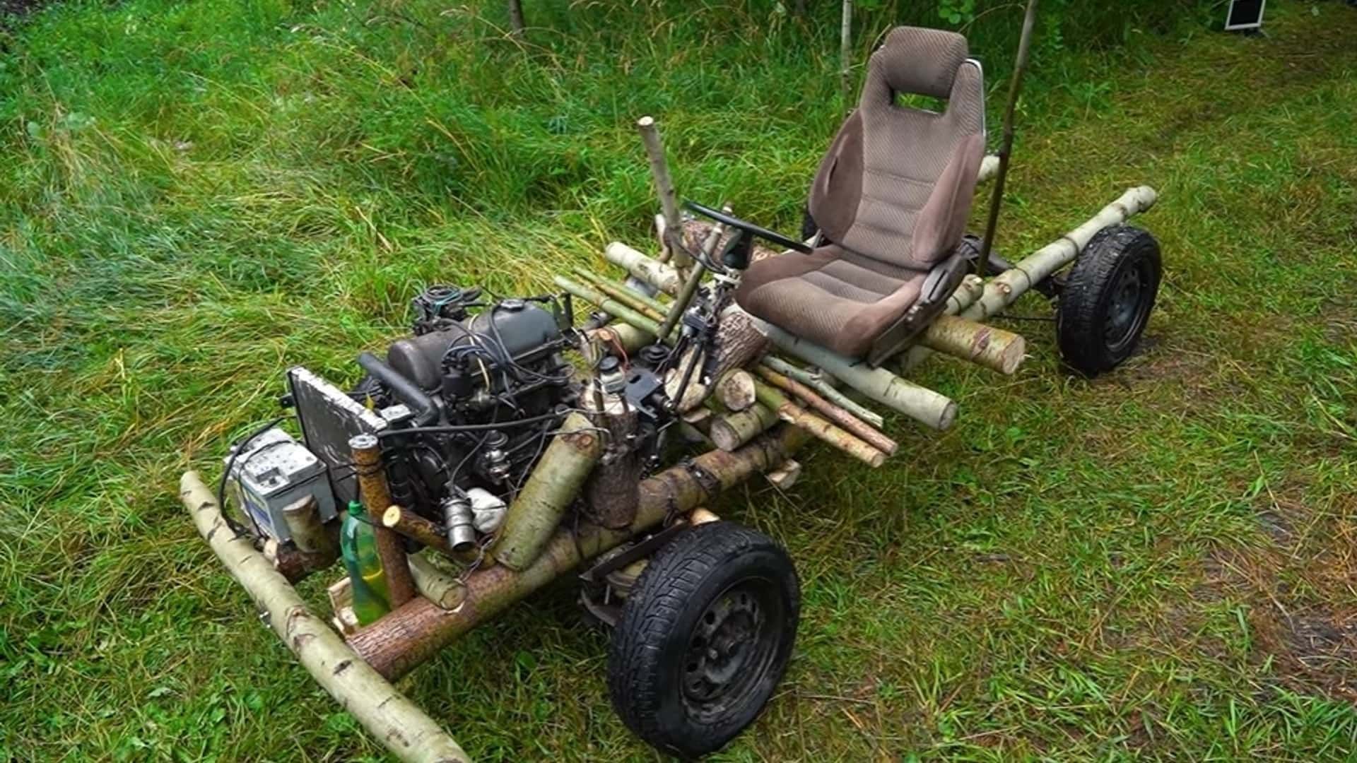 Car Made Of Logs Is A Lumbering, Real Life Flintstones…
