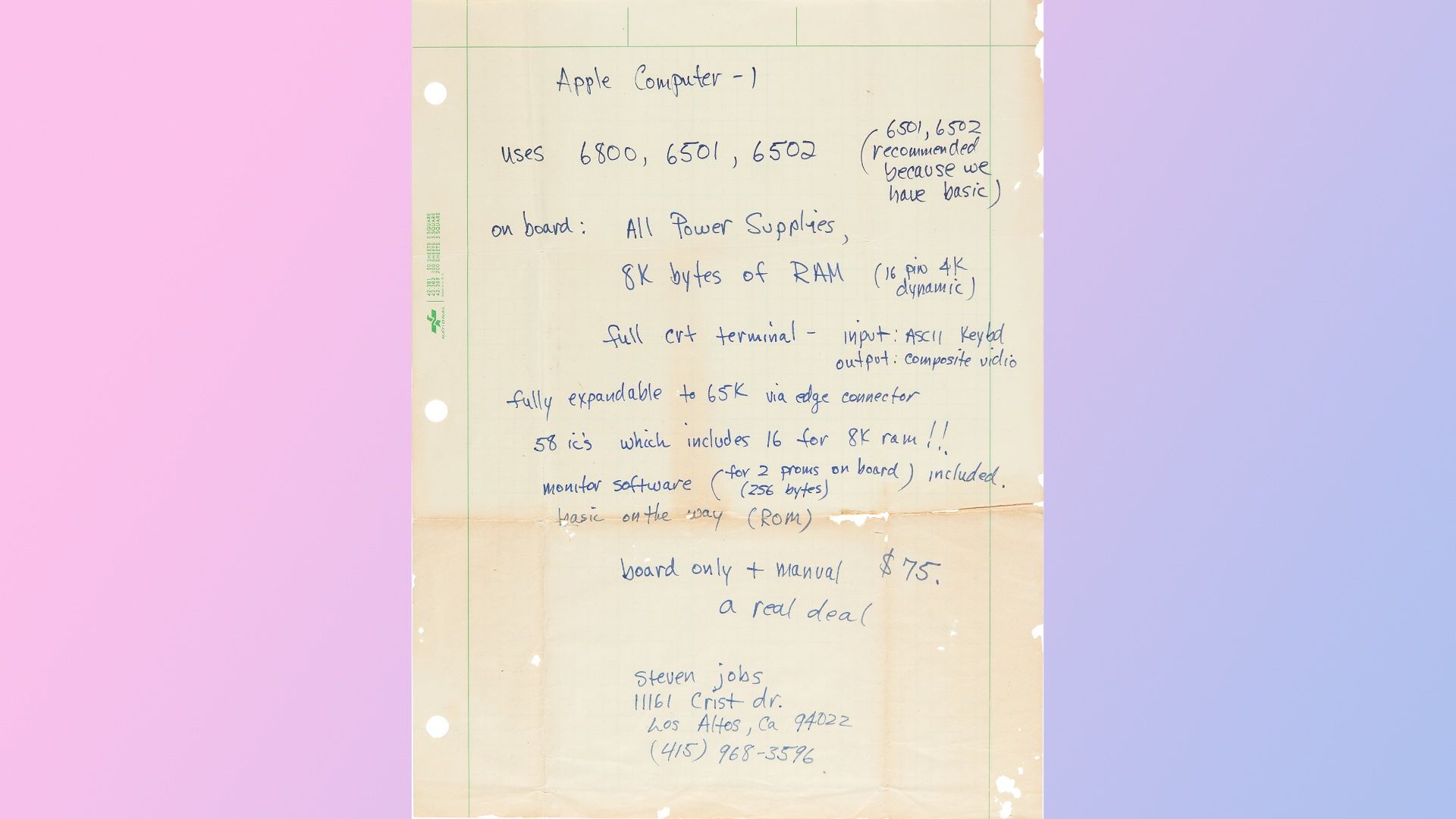 Steve Jobs handwrote this Apple-1 ad then someone sold…