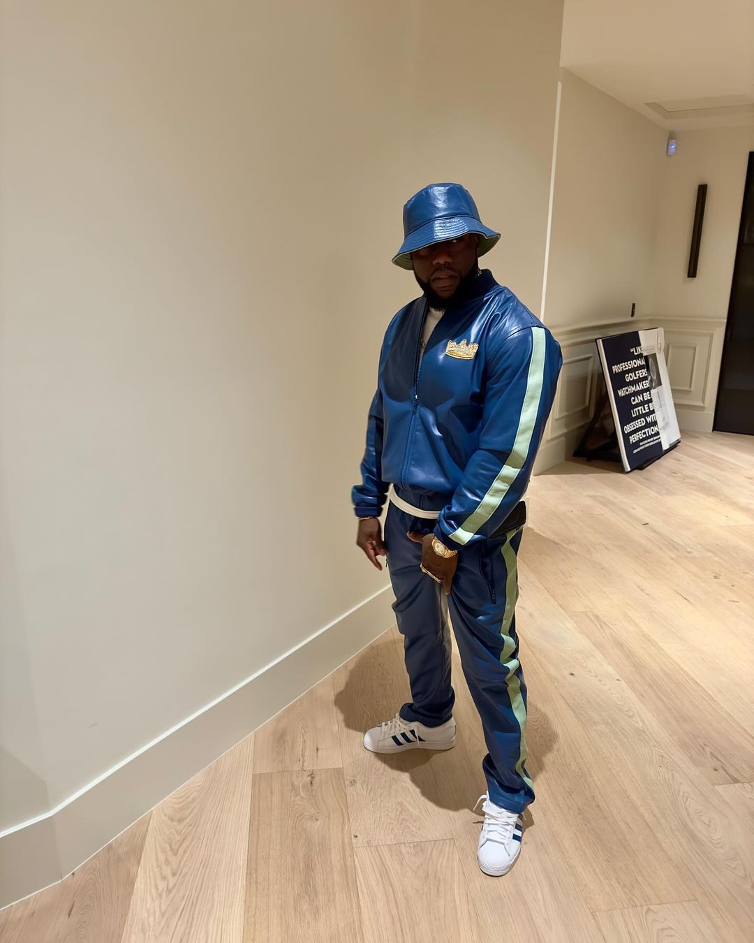 Kevin Hart Sports Stylish Blue Leather Tracksuit With…
