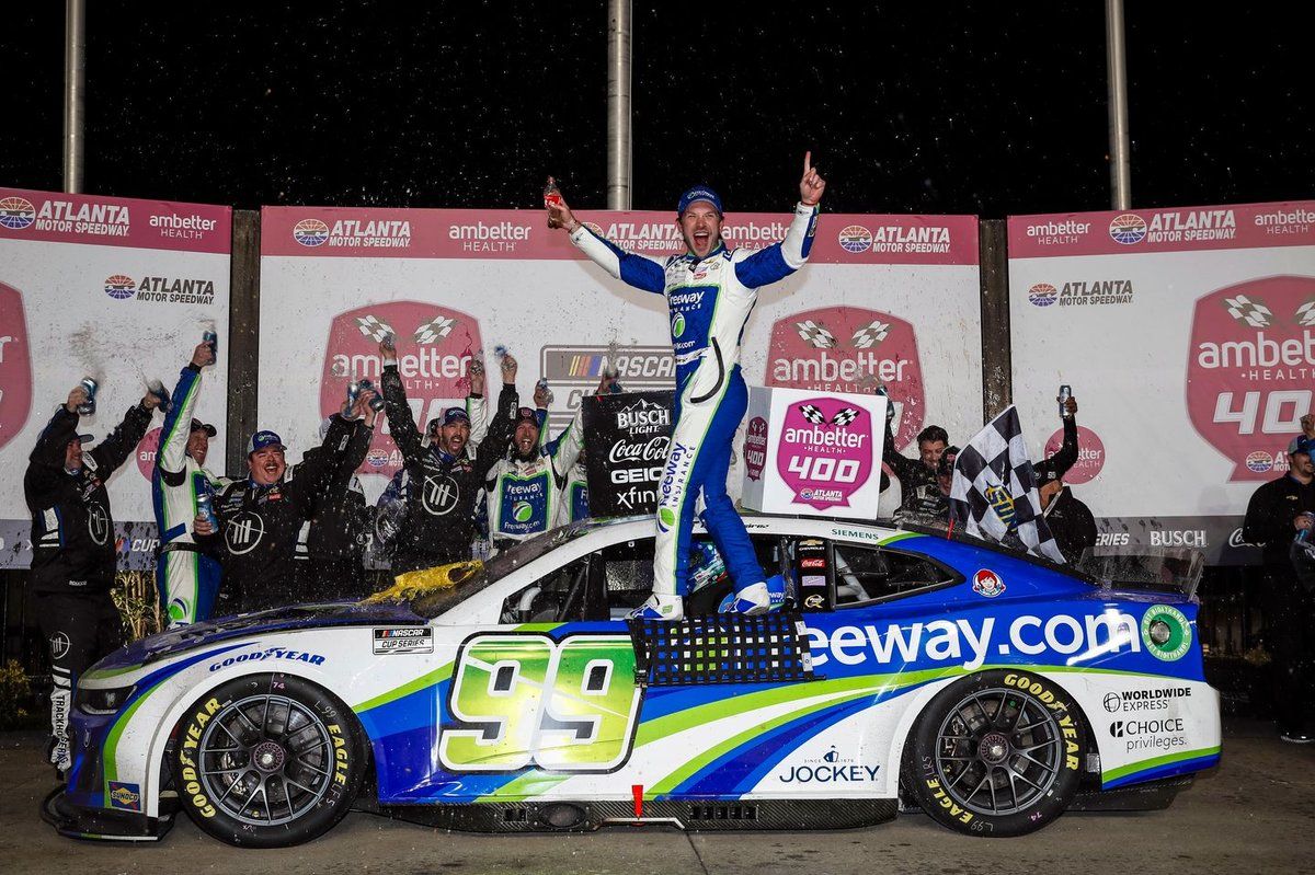 Daniel Suarez wins wild Atlanta Cup race in three-wide…