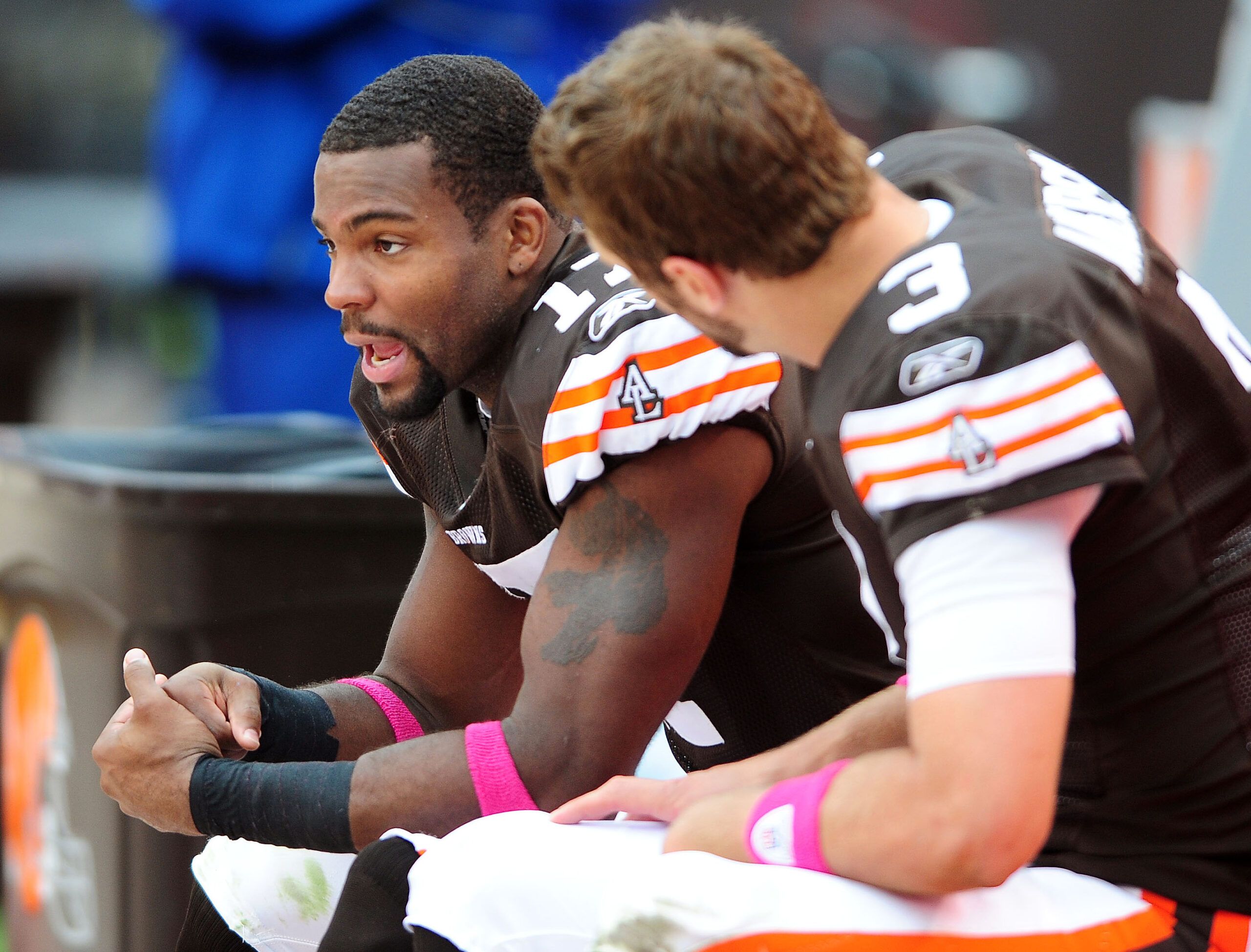 Former Browns wide receiver Braylon Edwards stops…