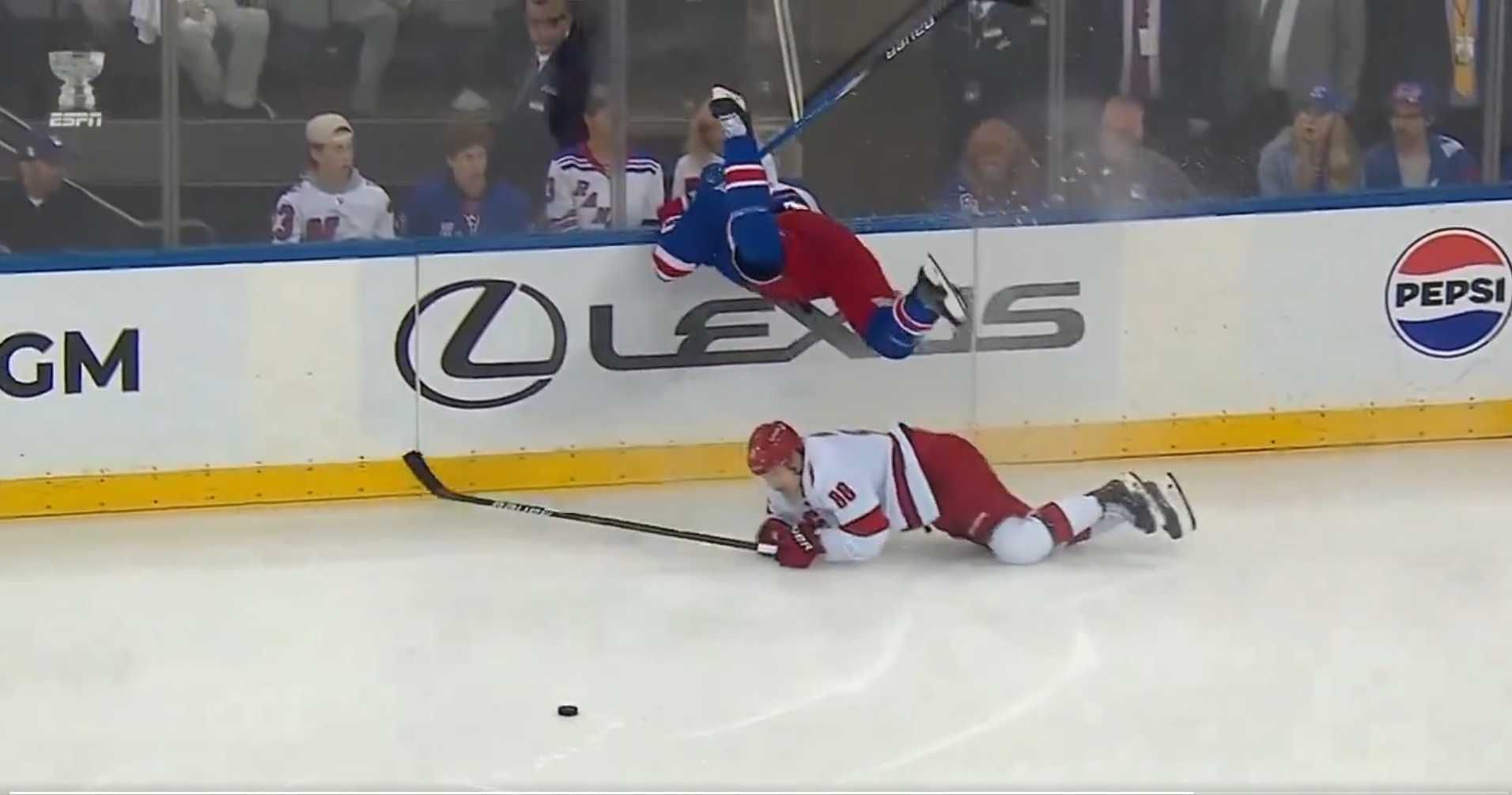 The Rangers’ Jacob Trouba scarily diving headfirst…