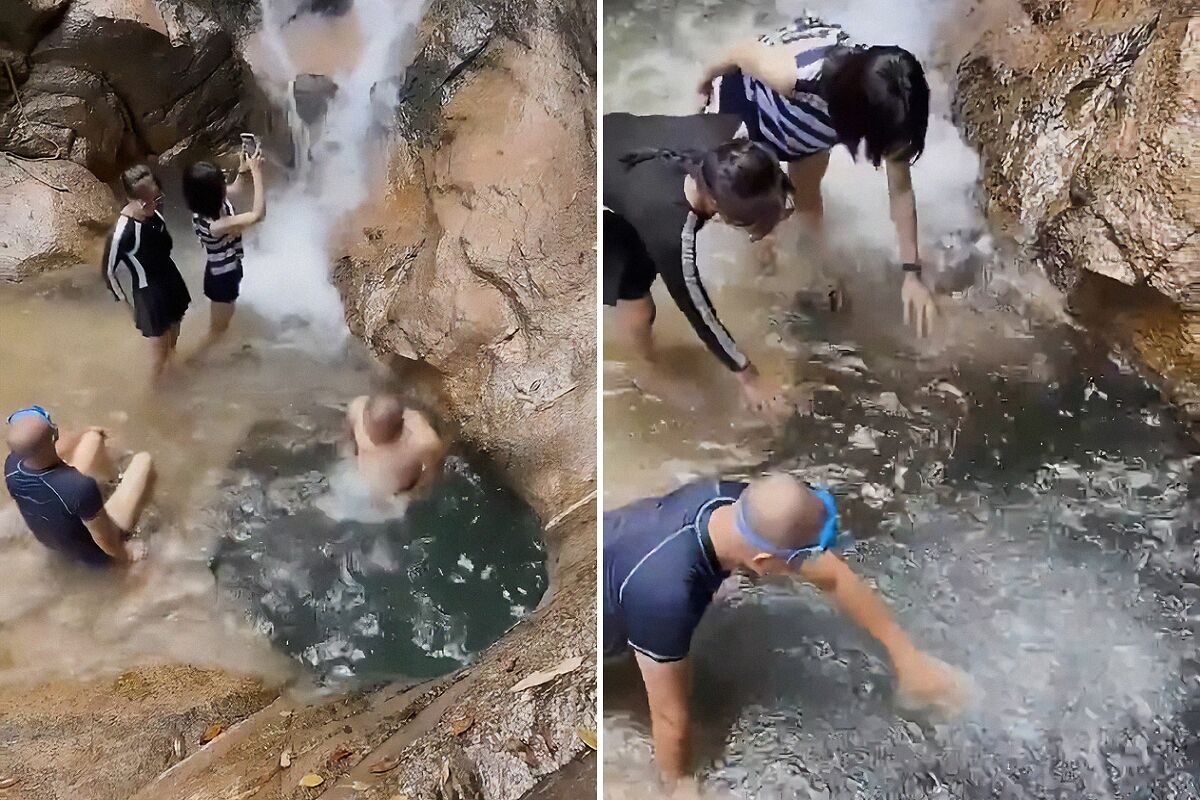 Man Jumps Off Cliff Into Water Hole And Completely…