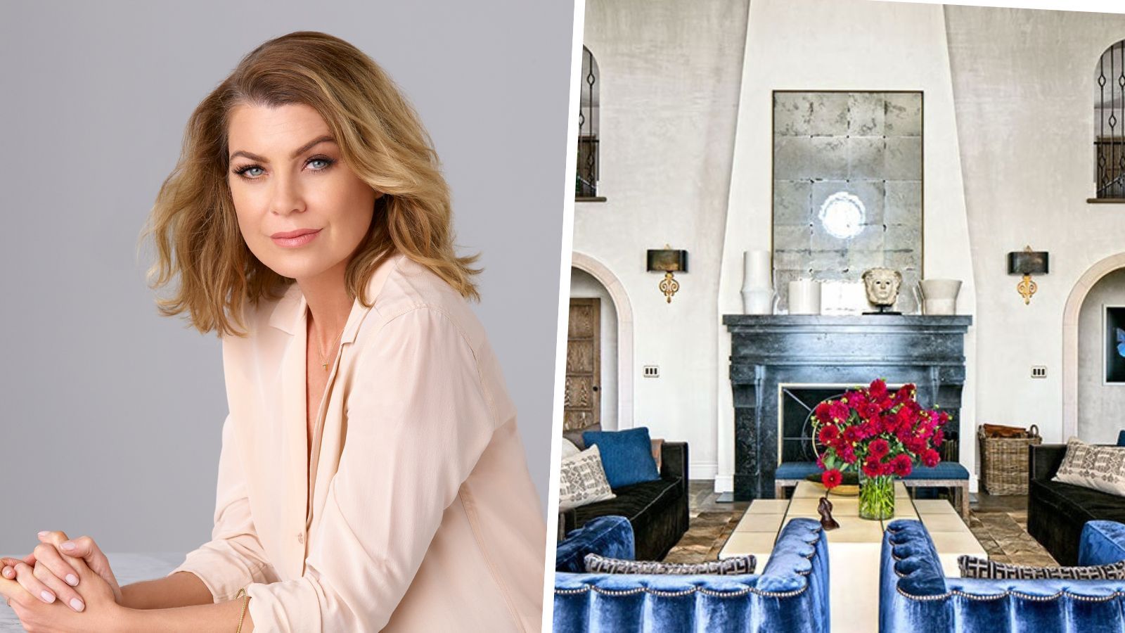Ellen Pompeo balances a rustic base and blue accents…