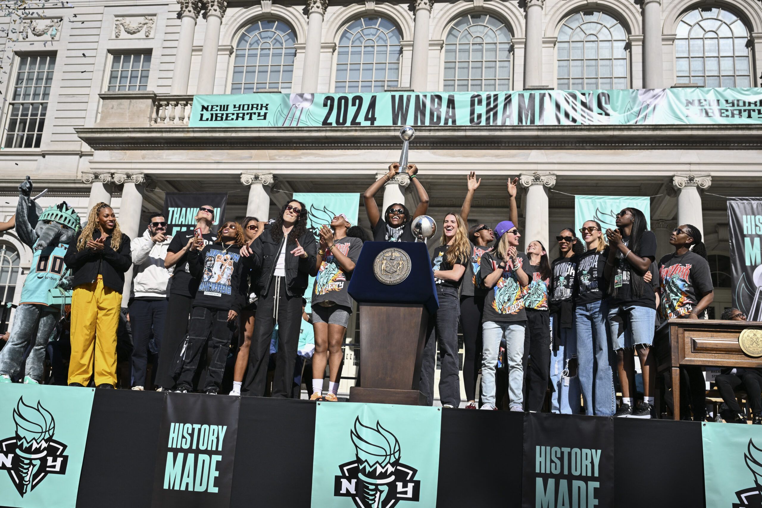 New York Liberty and mascot Ellie The Elephant attend…