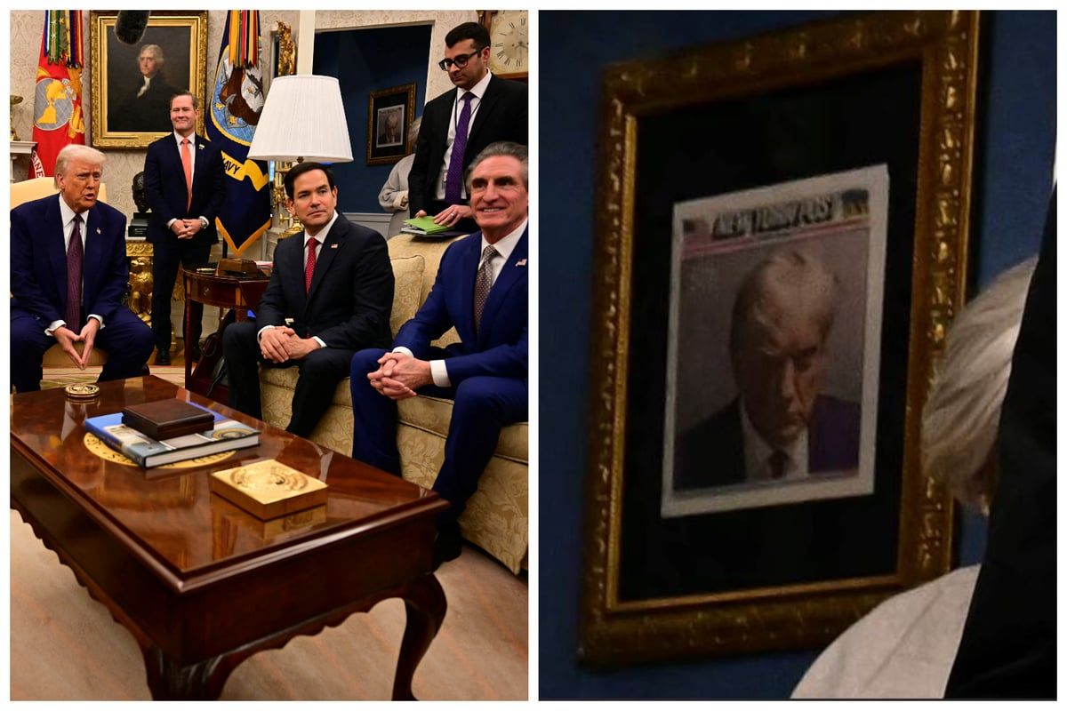 Donald Trump hangs infamous mugshot outside the Oval…