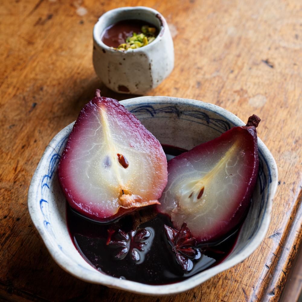 Nigel Slater’s recipe for spiced pears with red wine…