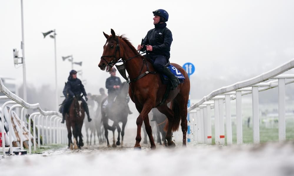 Cheltenham racecourse coated with snow three days…