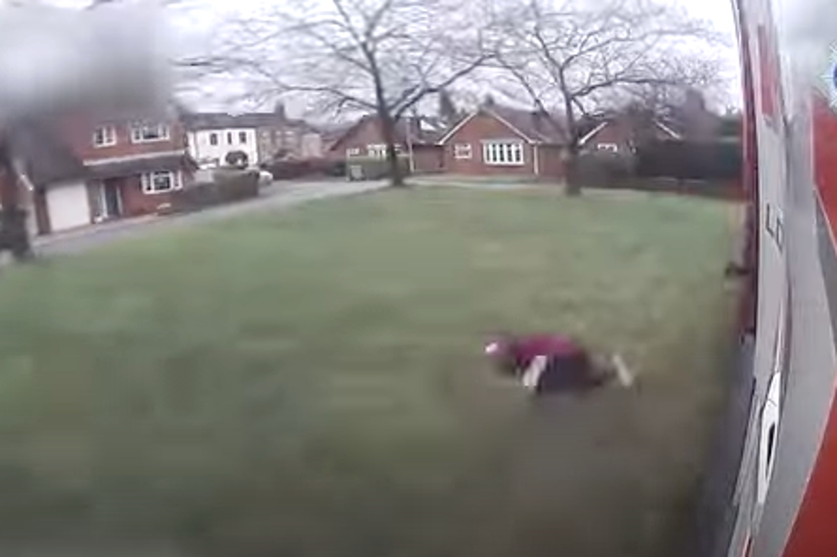 Moment HGV driver distracted by sat nav mounts kerb…
