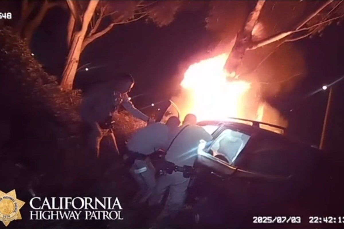 Driver pulled from burning car by California Highway…