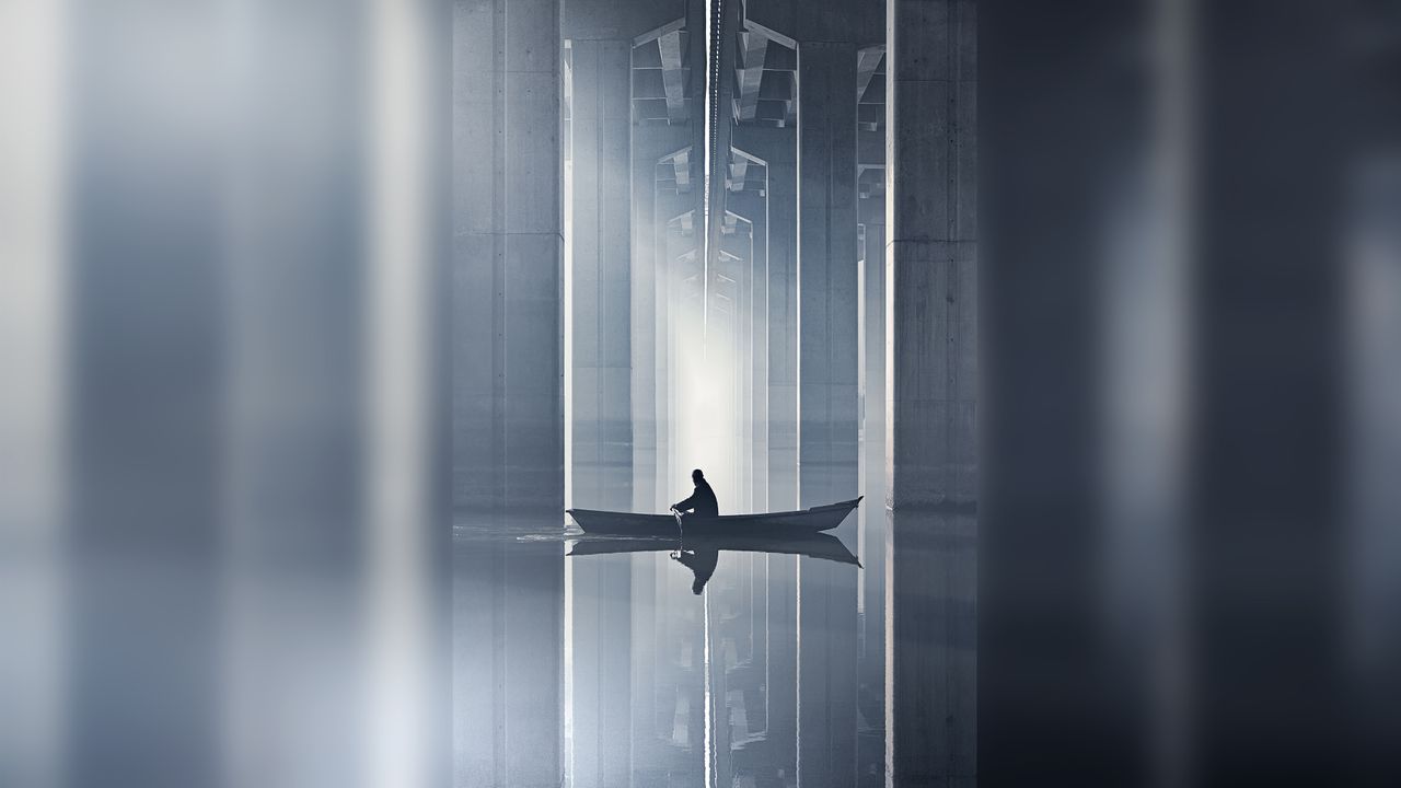 "On that foggy morning, a person rowed a boat and was…