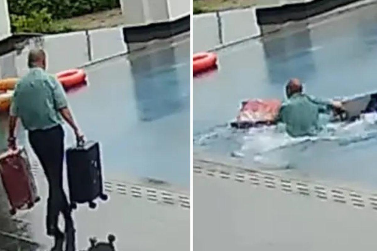 Moment unaware hotel porter falls straight into…