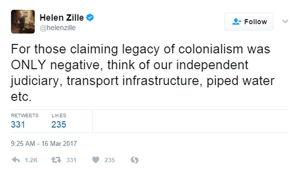 Outrage over Helen Zille's colonialism tweets