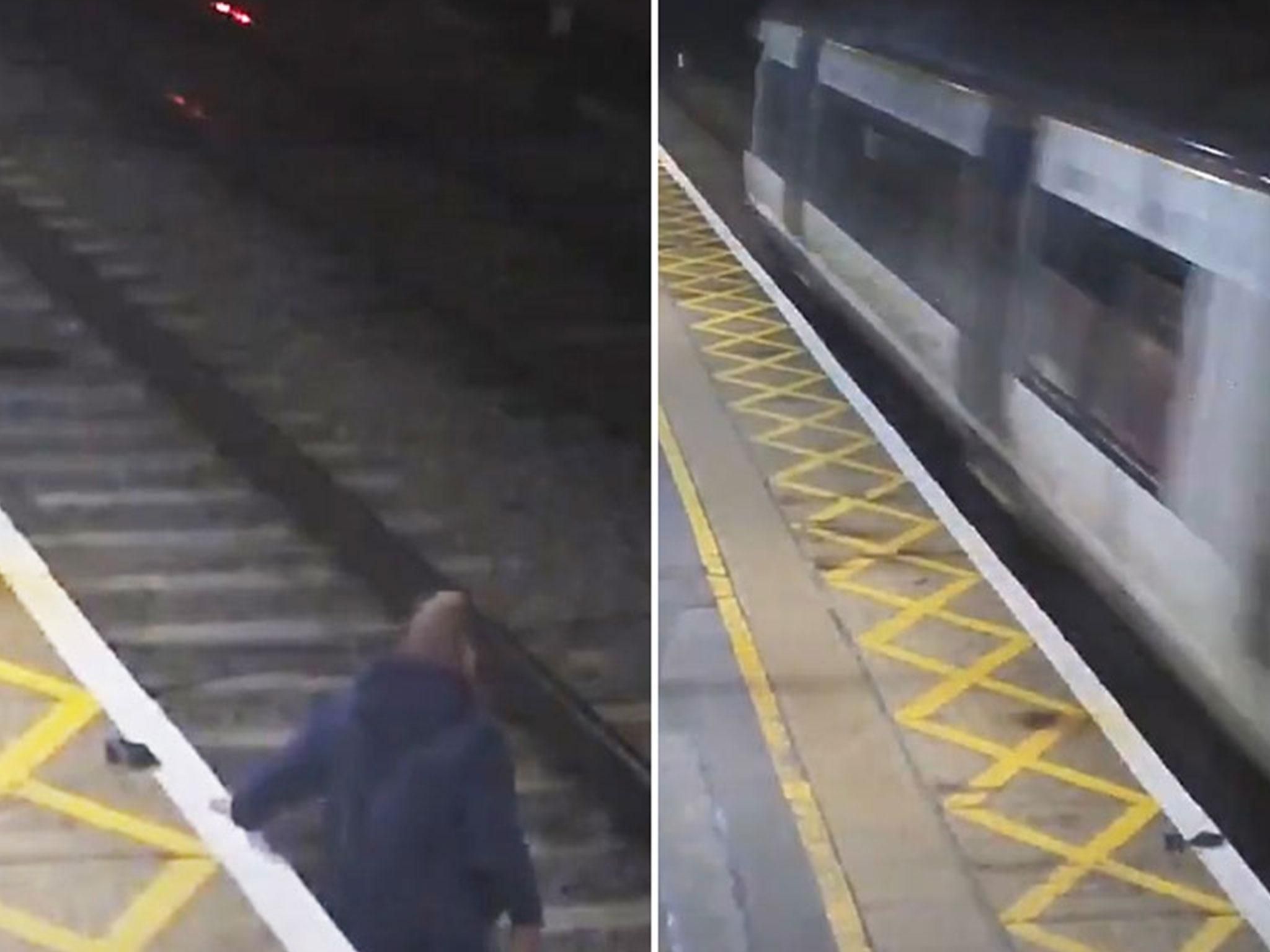 CCTV shows drunk man lying on tracks before train…