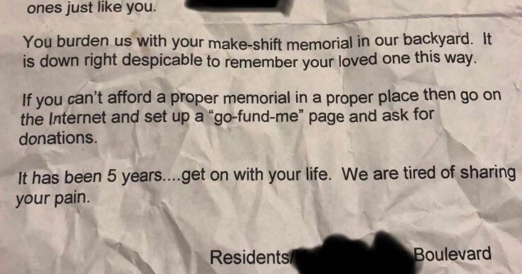 Neighbours send cold-hearted letter to grieving family…