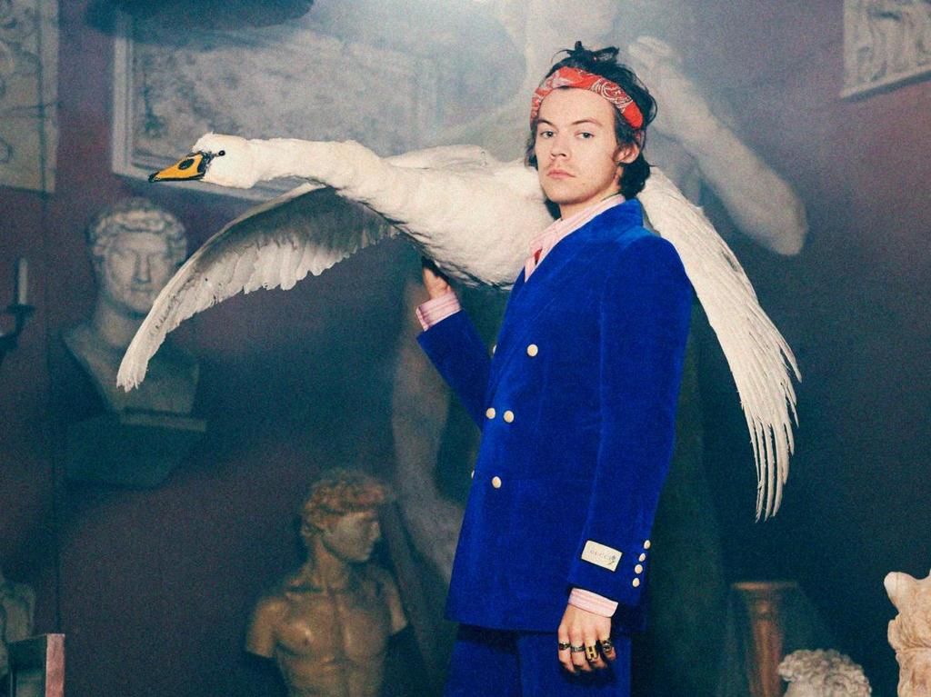 Harry Styles poses with a swan for Gucci fashion…