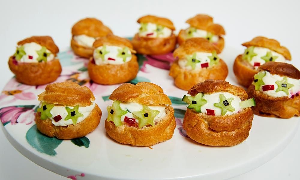 Savoury spicy beetroot, salmon and chive cheese choux…
