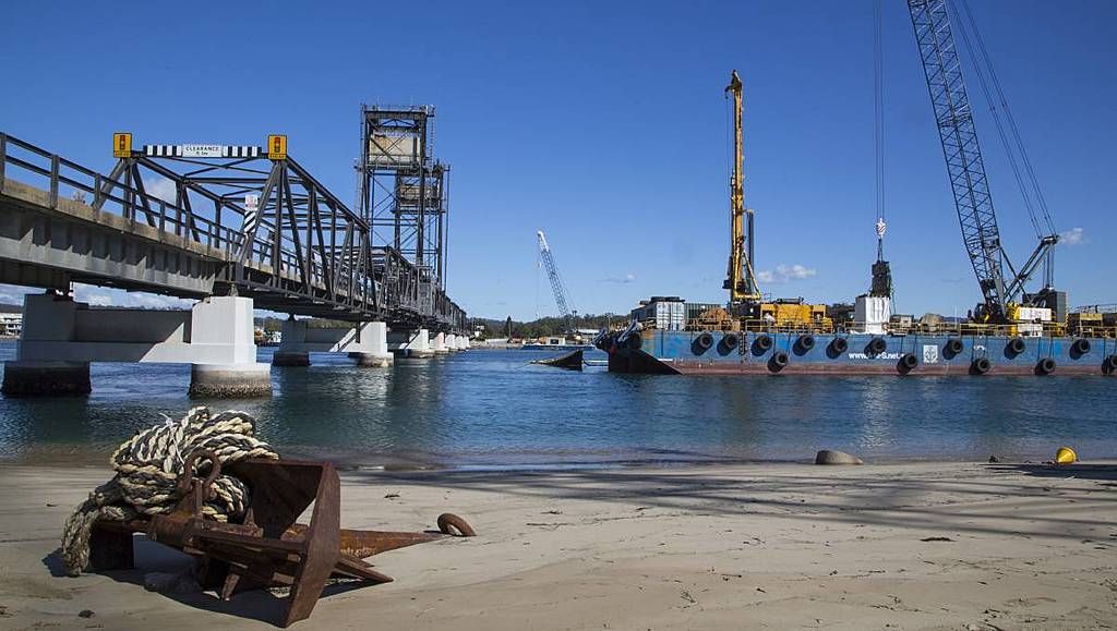 Work under way on the bay's new four-lane bridge (with…