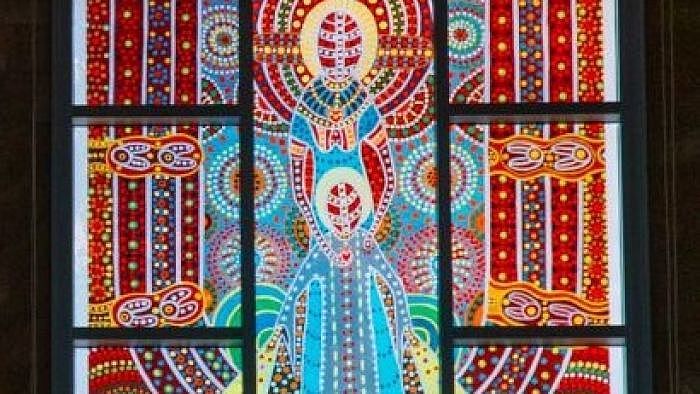 Stained-glass window blends Aboriginal and Catholic…