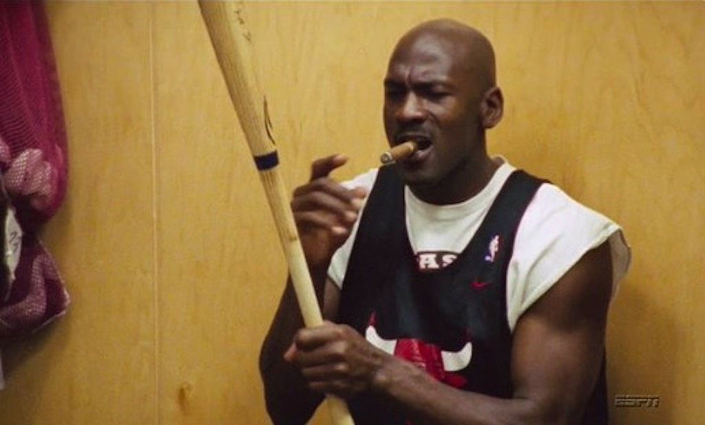 Michael Jordan talking trash in the locker room with a…